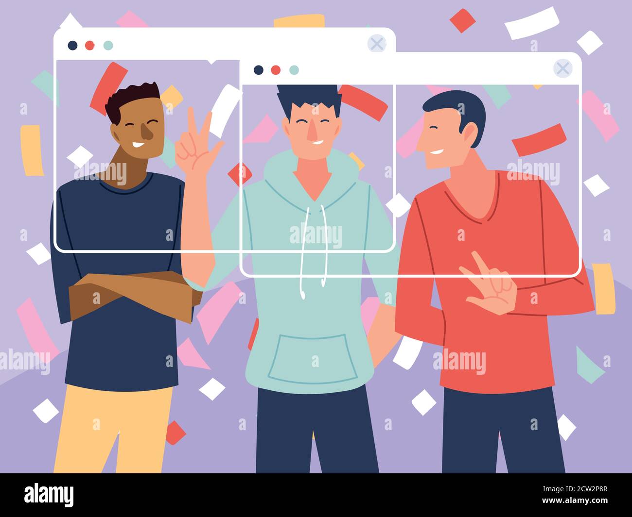 virtual party with men cartoons and confetti in screens design, Happy ...