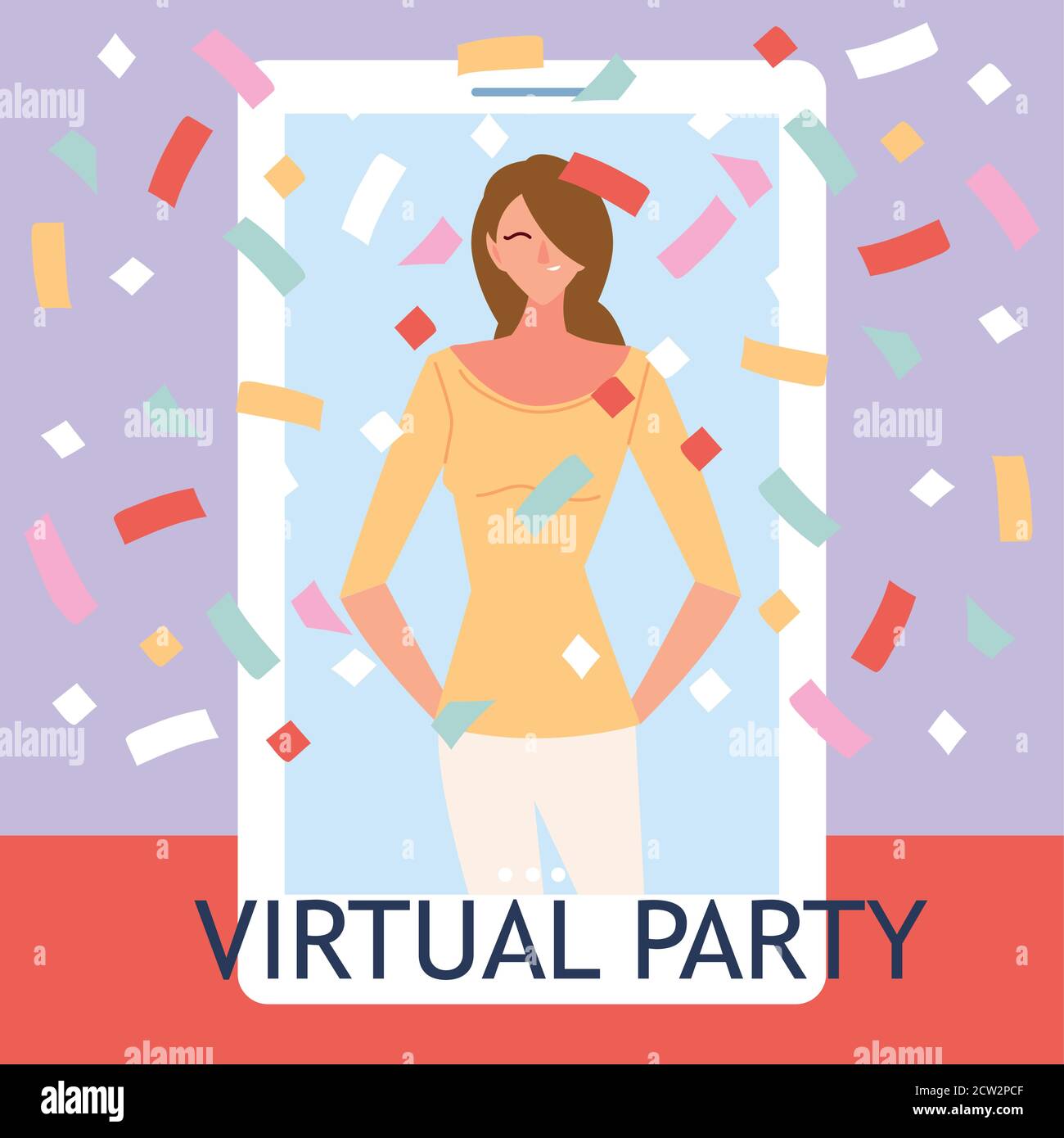 virtual party with woman cartoon and confetti in smartphone design ...