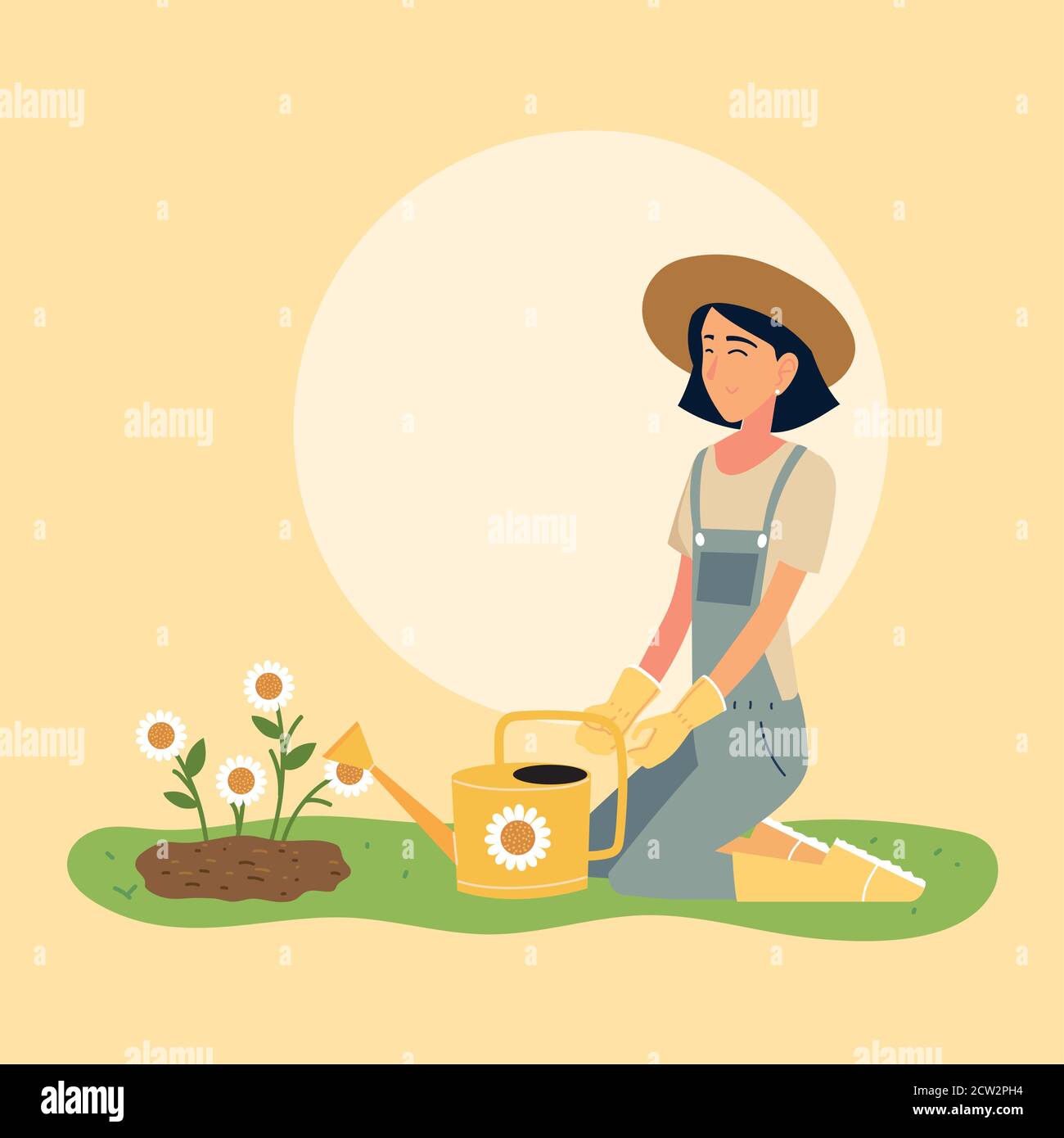 gardener woman cartoon with overall flowers and watering can design ...