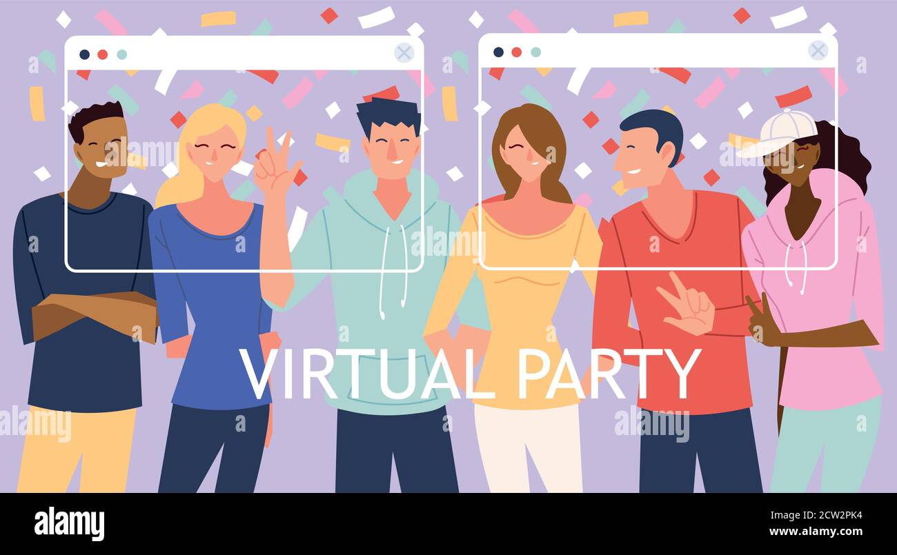 virtual party with men women cartoons and confetti in screens design ...