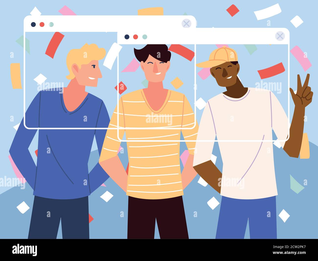 virtual party with men cartoons and confetti in screens design, Happy ...