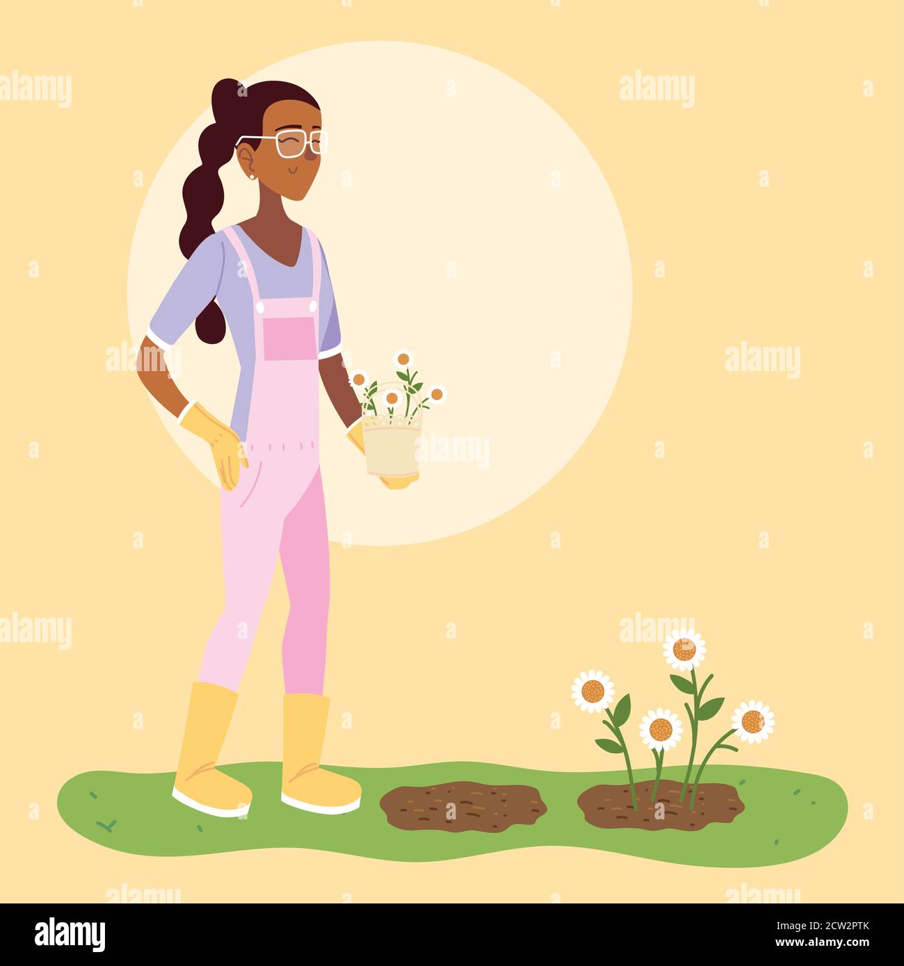 gardener woman cartoon with overall and flowers bucket design ...