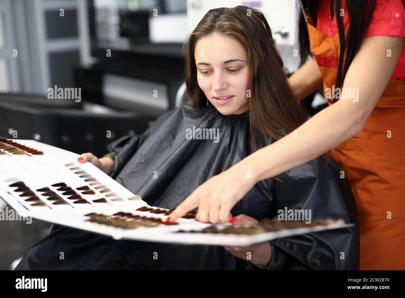 Female client with master in beauty salon examines samples of palette ...