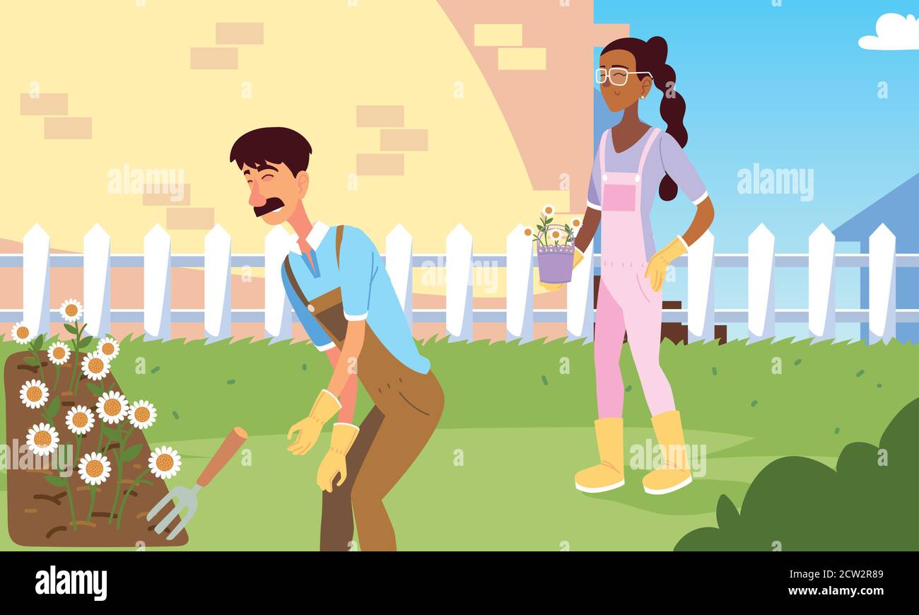 gardener woman and man cartoons with flowers and rake design, Gardening ...