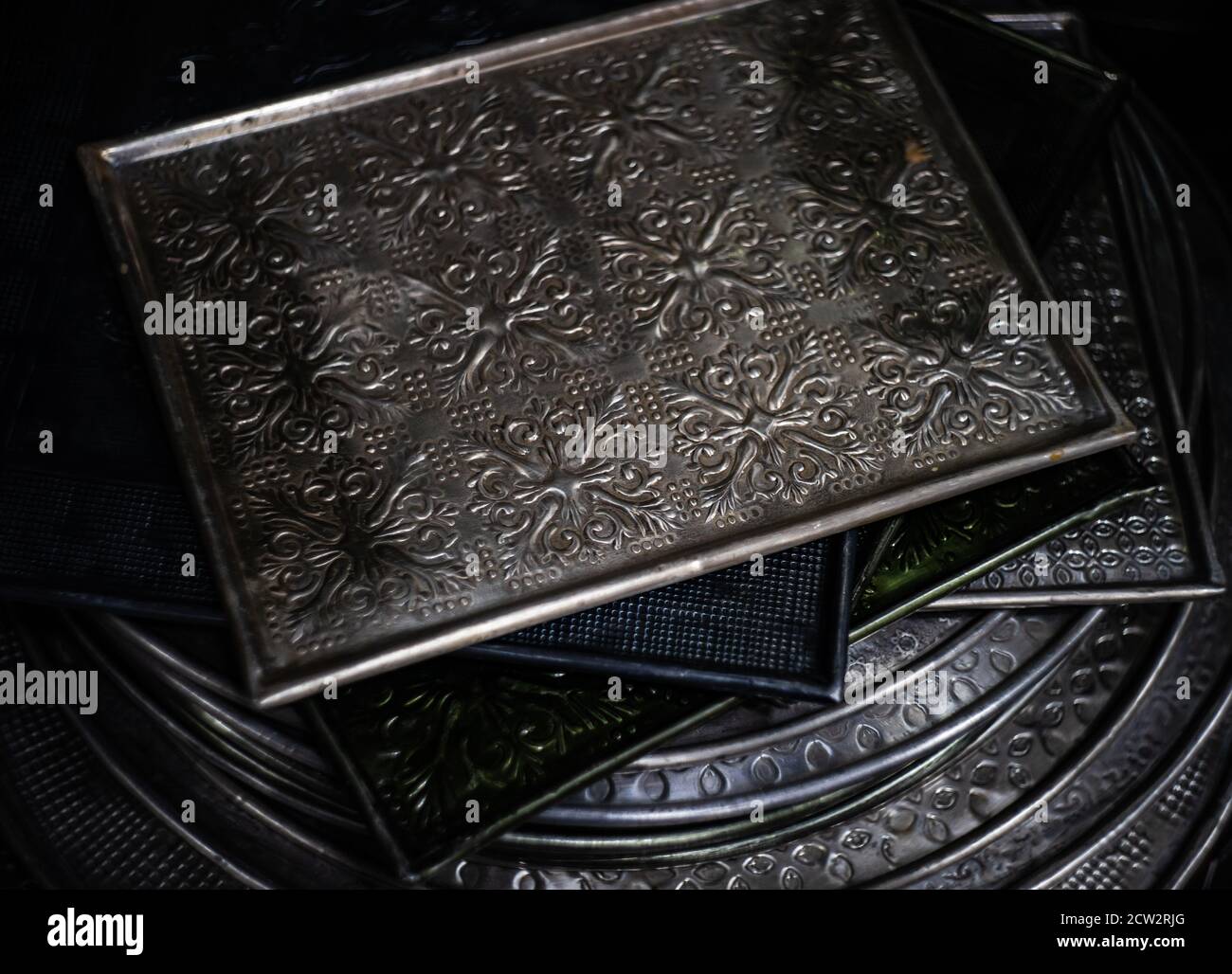 Stuck of vintage styled metal trays as a background Stock Photo - Alamy