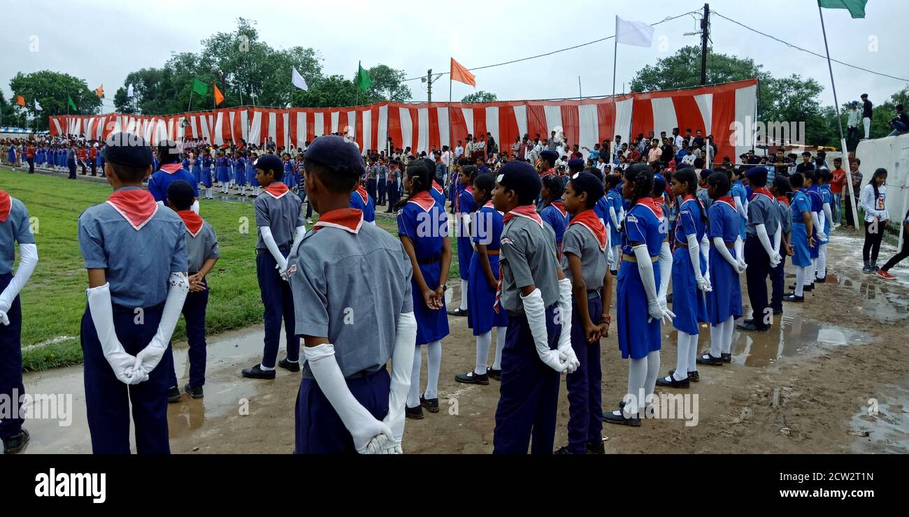 CITY KATNI, INDIA - AUGUST 15, 2019: Indian scout guide group giving ...