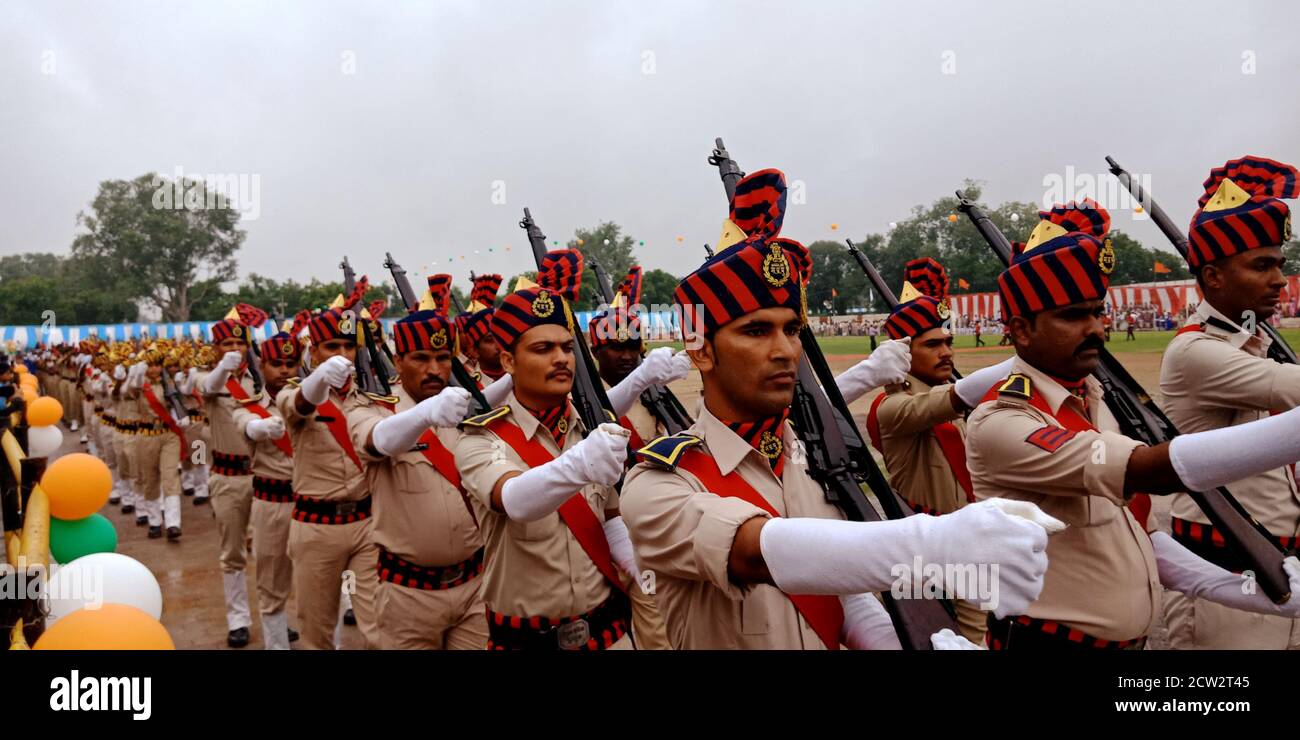 CITY KATNI, INDIA - AUGUST 15, 2019: Indian police force officers ...
