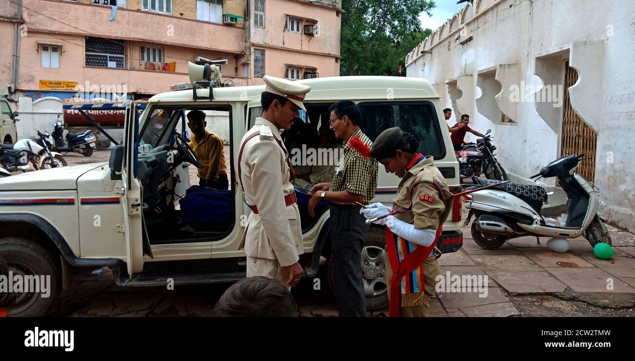 CITY KATNI, INDIA - AUGUST 15, 2019: Indian police force DGP standing ...