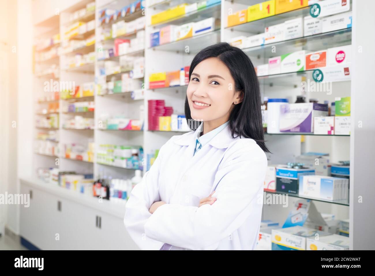 Pharmacy drugstore beautiful caucasian pharmacist hi-res stock ...