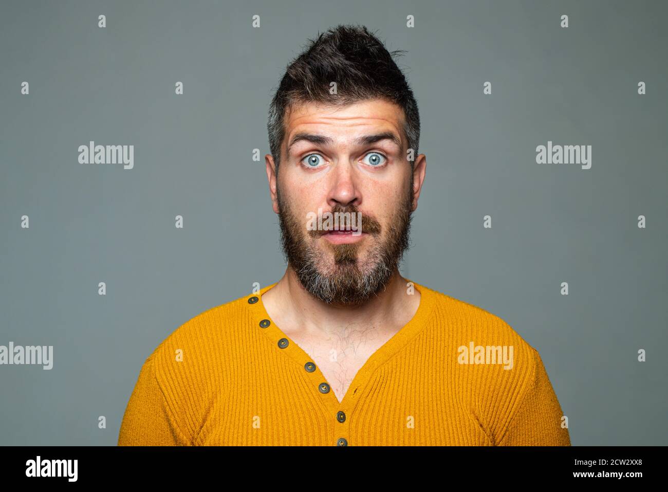 Shocked bearded man with surprise expression, wow amazed excited face ...
