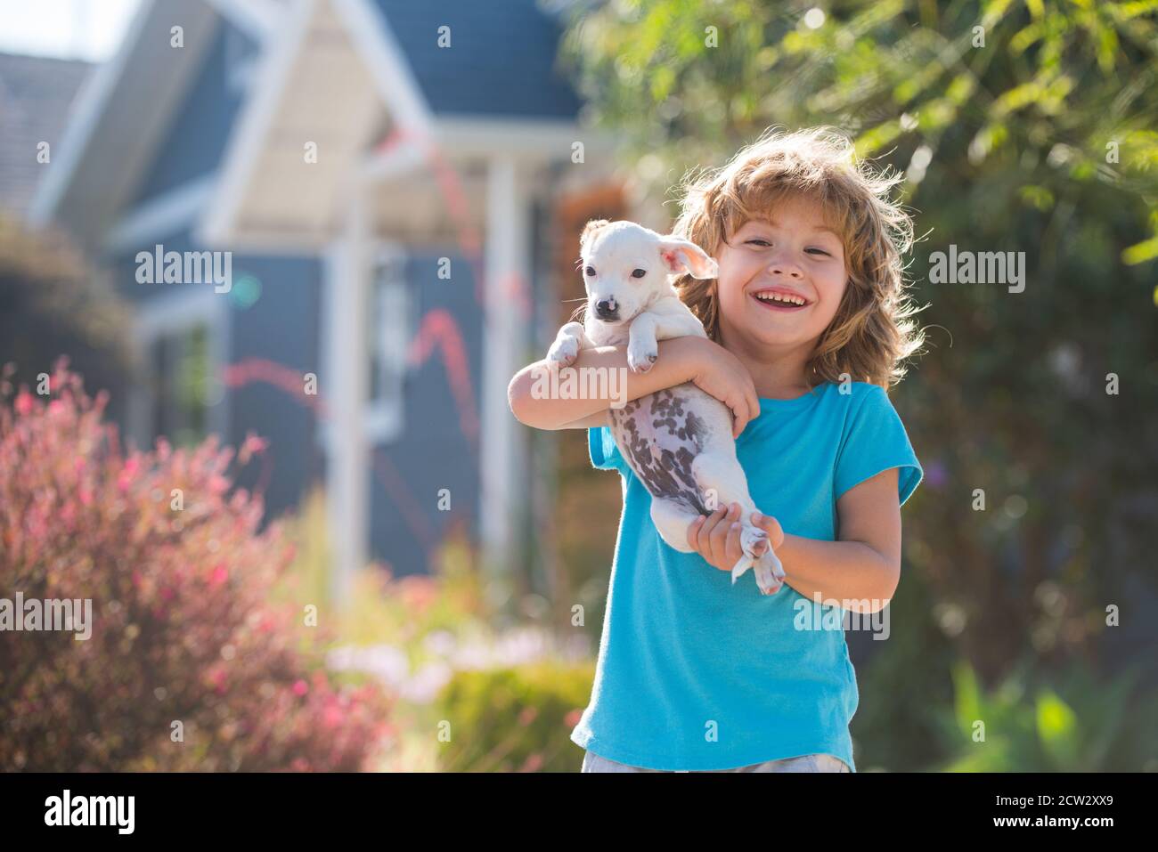 Cute kid hug puppy. Happy child walk with a dog outdoor Stock Photo - Alamy