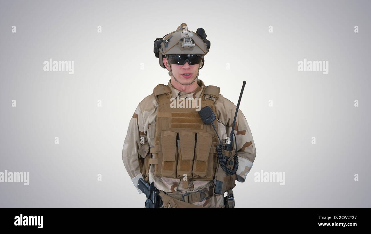 US Military Soldier in Uniform Reports on gradient background Stock ...