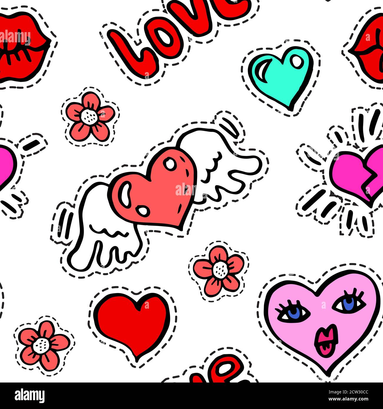Heart with wings, flowers and kissing lips seamless pattern Stock ...
