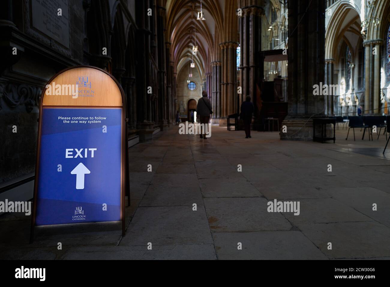 Exit sign on the south aisle at Lincoln, England, during the one way ...