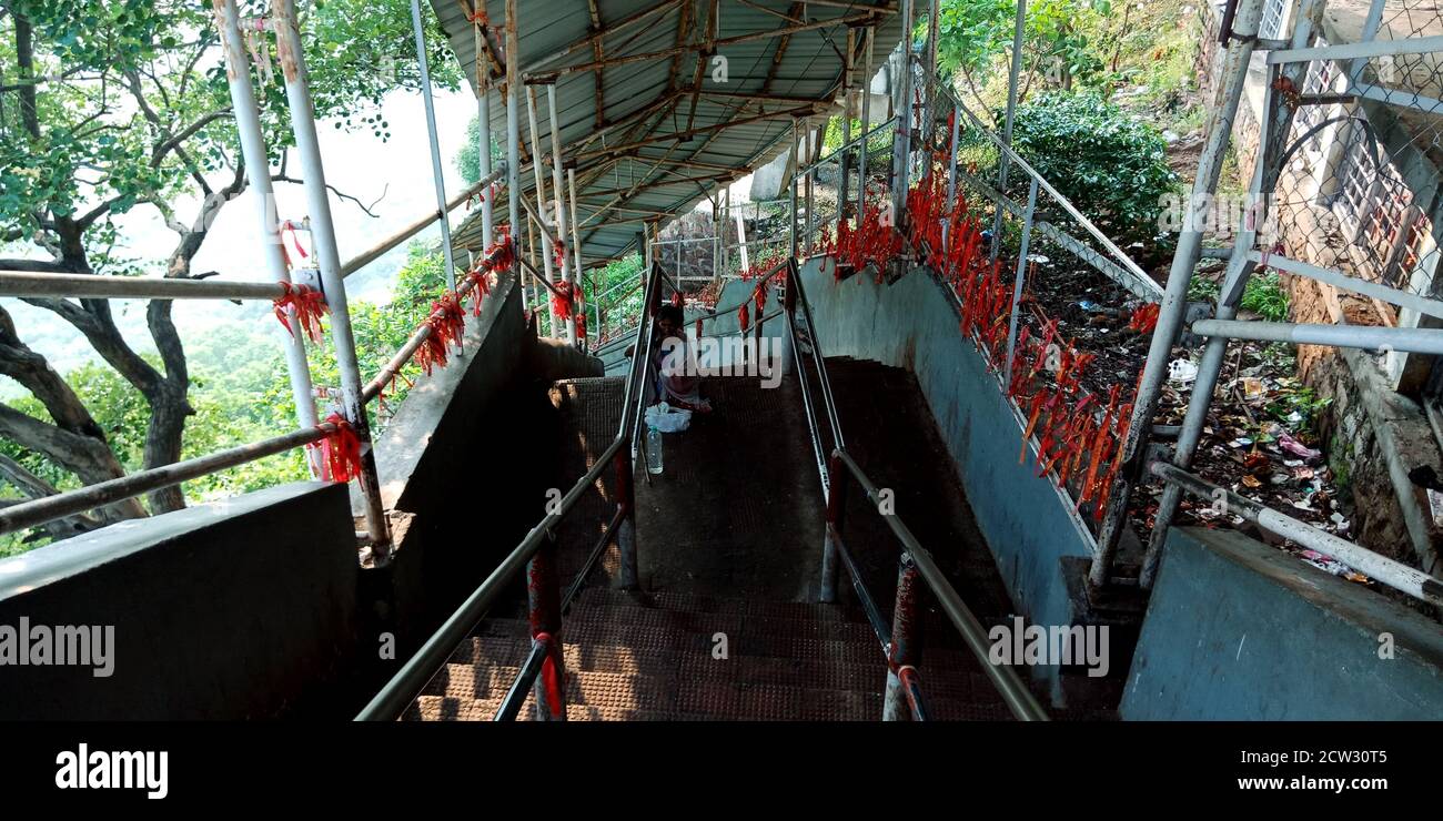 DISTRICT SATNA, INDIA - SEPTEMBER 13, 2019: Stairs decorated with red ...