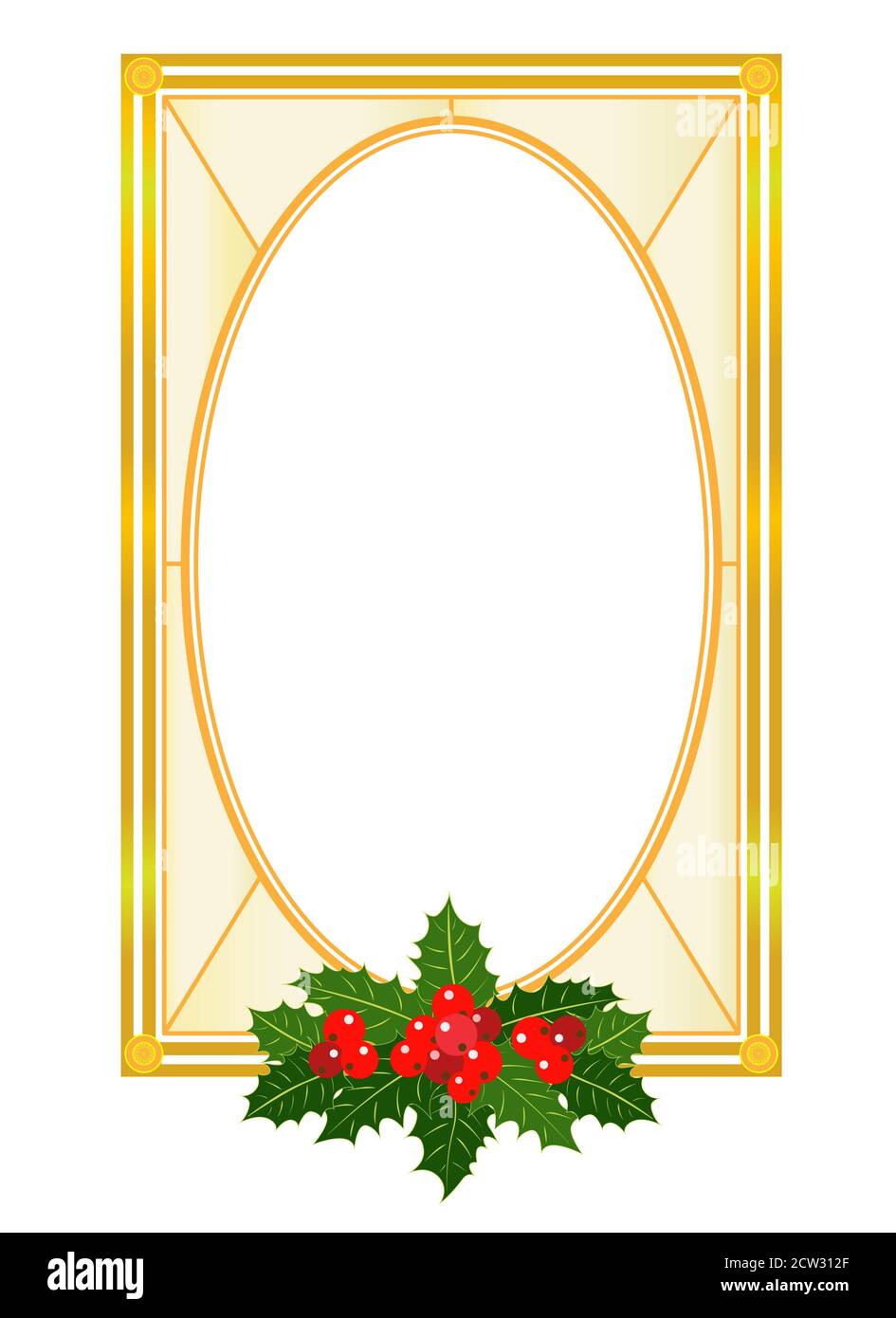 Golden Christmas oval frame with Holly leaves berries in retro style ...