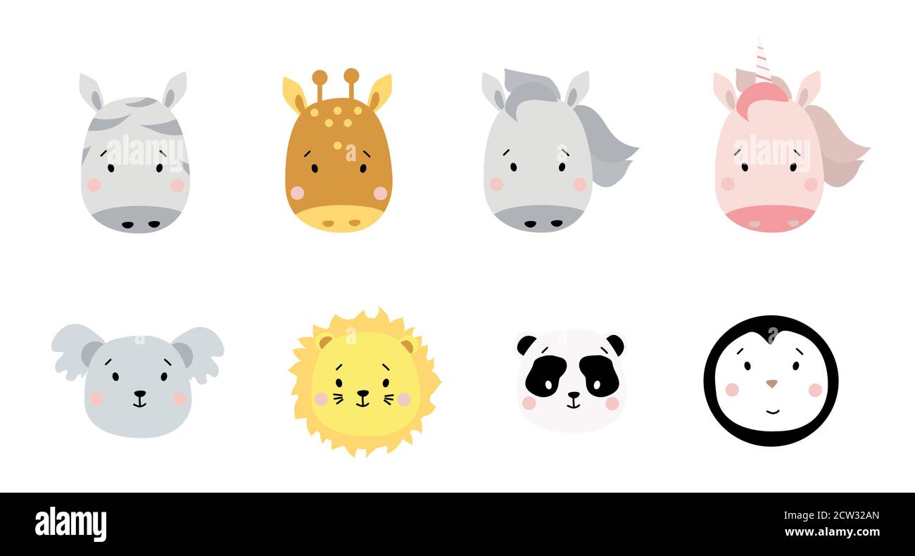 Cute simple animal portraits. A set of colored portraits of exotic ...