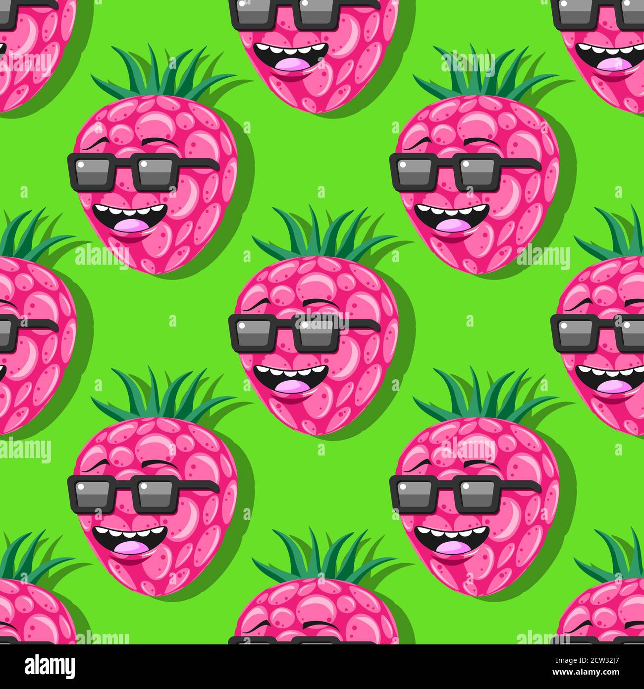 seamless pattern cartoon character raspberry with glasses on green ...