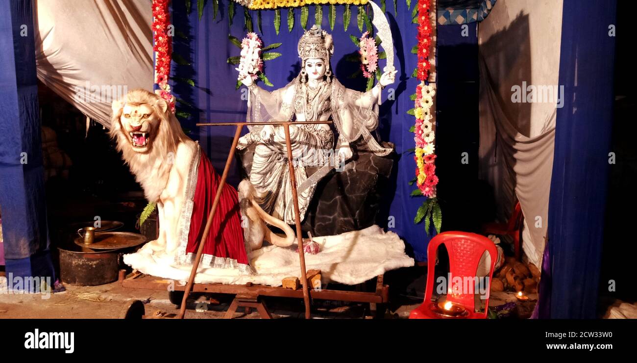 DISTRICT KATNI, INDIA - OCTOBER 05, 2019: Lord durga holy statue soil ...