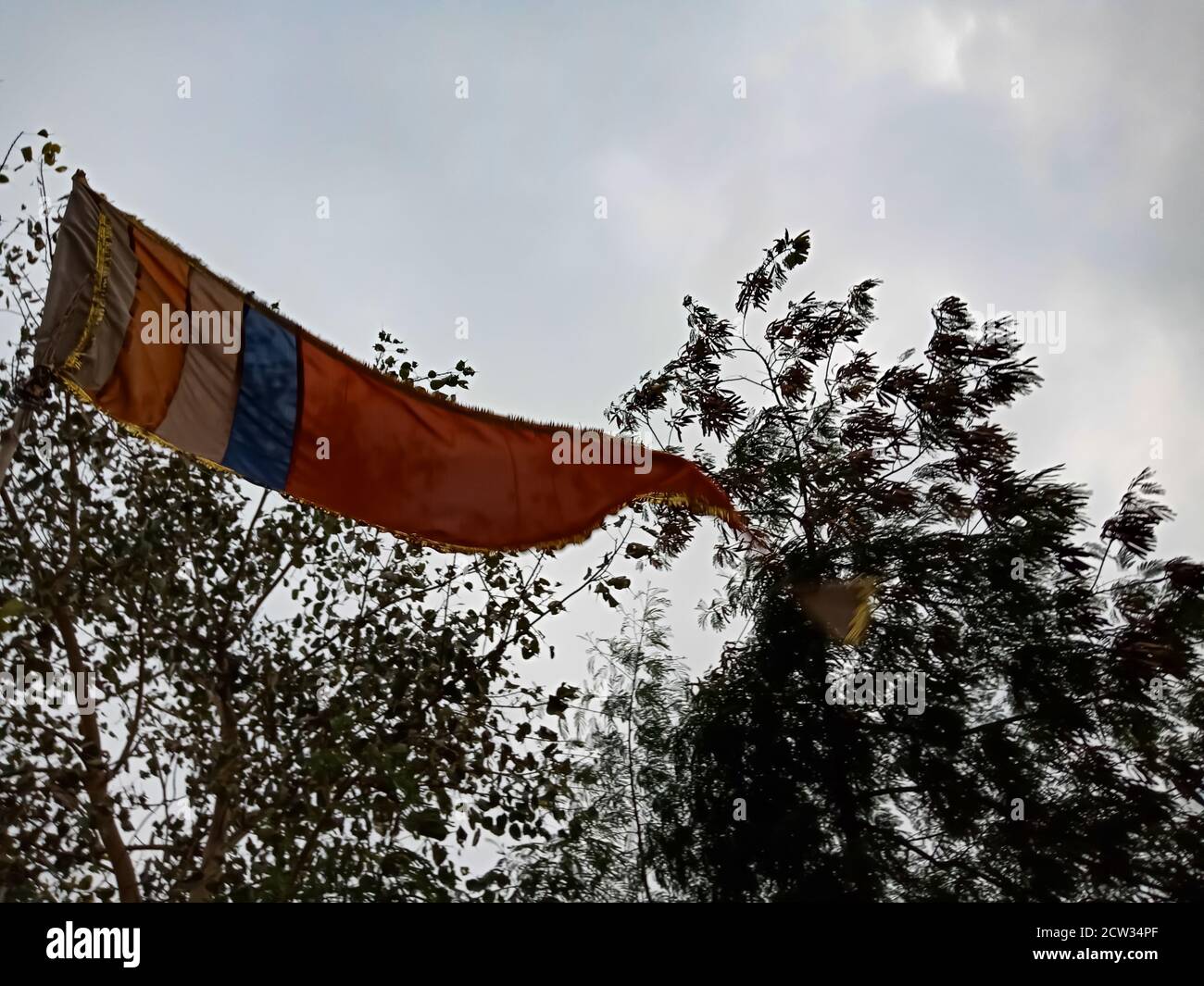 DISTRICT KATNI, INDIA - OCTOBER 10, 2019: Hindu god holly flag flying ...