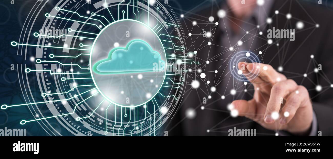 Man touching a cloud computing system concept on a touch screen with ...