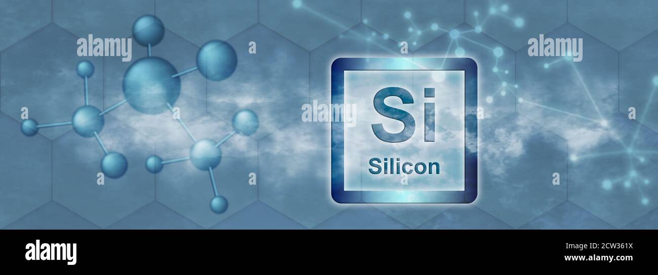 Si symbol. Silicon chemical element with molecule and network on blue ...