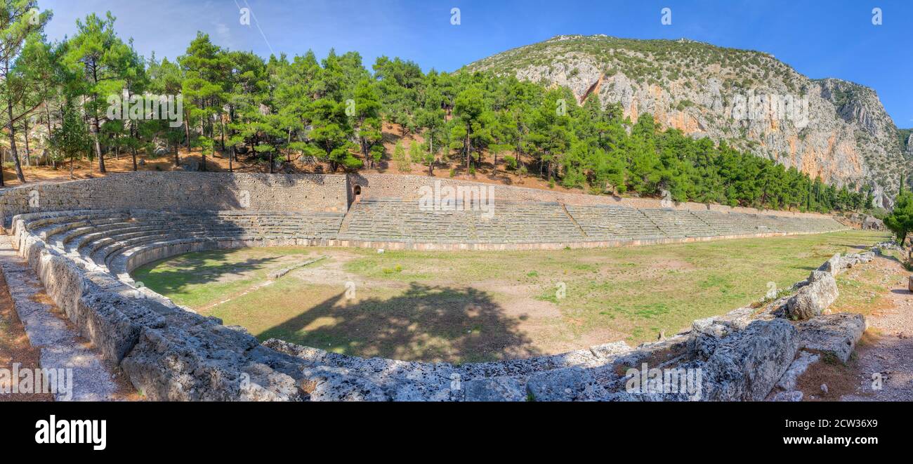 Panorama of the ancient stadium of Delphi, Greece Stock Photo - Alamy