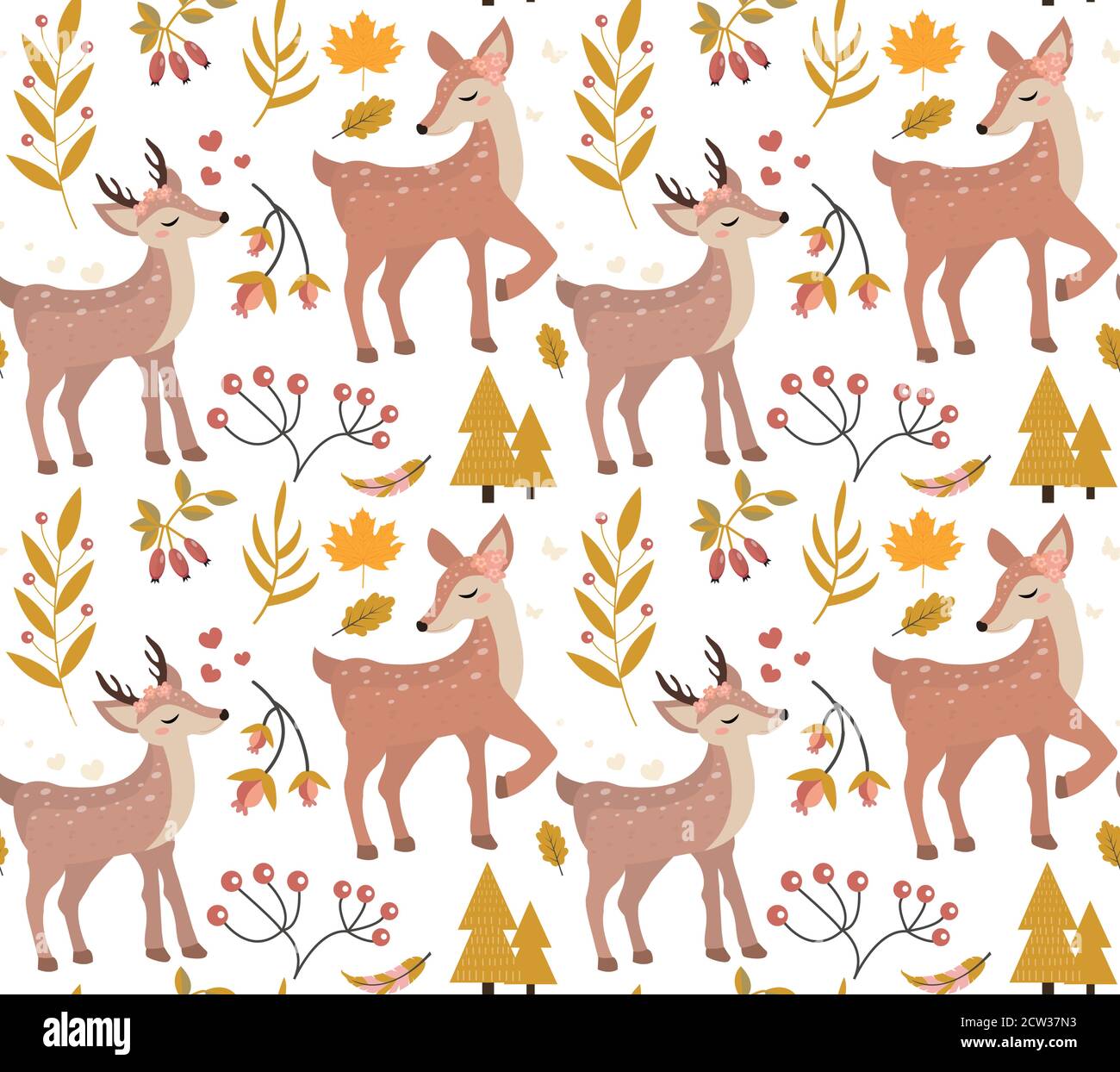 Cute fawn in the autumn forest seamless pattern. repeating texture ...