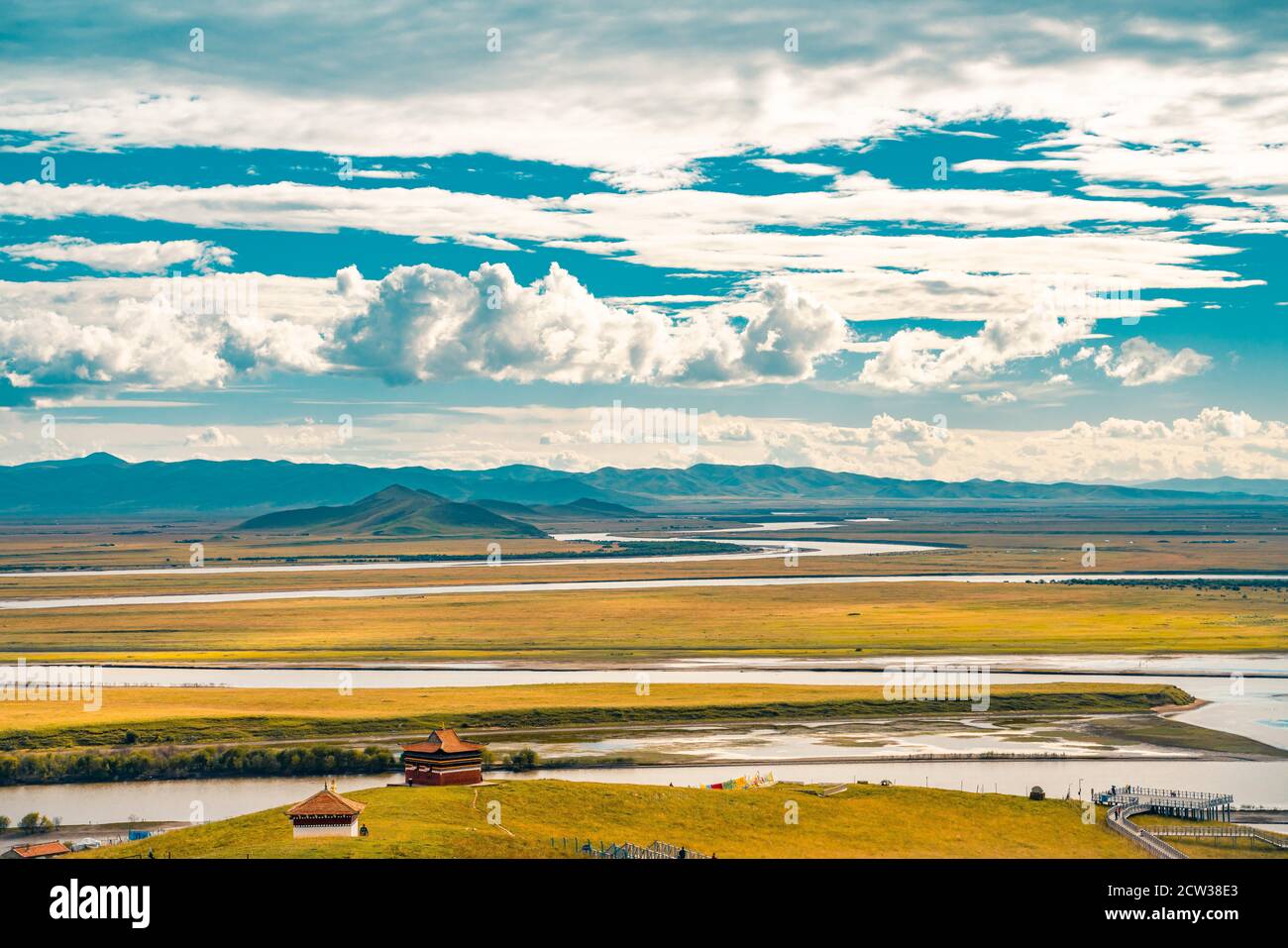 The yellow river winding up in Ruoergai Grassland, the north part of ...