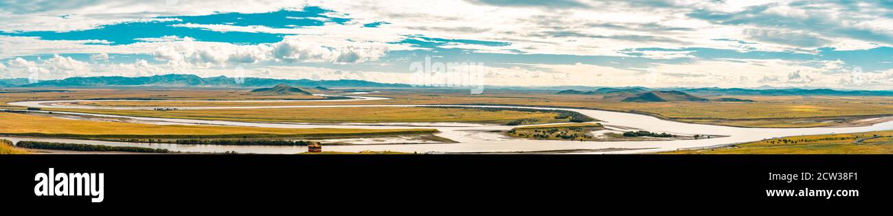 Panorama view of the Yellow river winding up in Ruoergai grassland, in ...