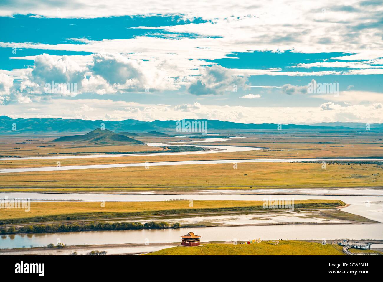 The yellow river winding up in Ruoergai Grassland, the north part of ...