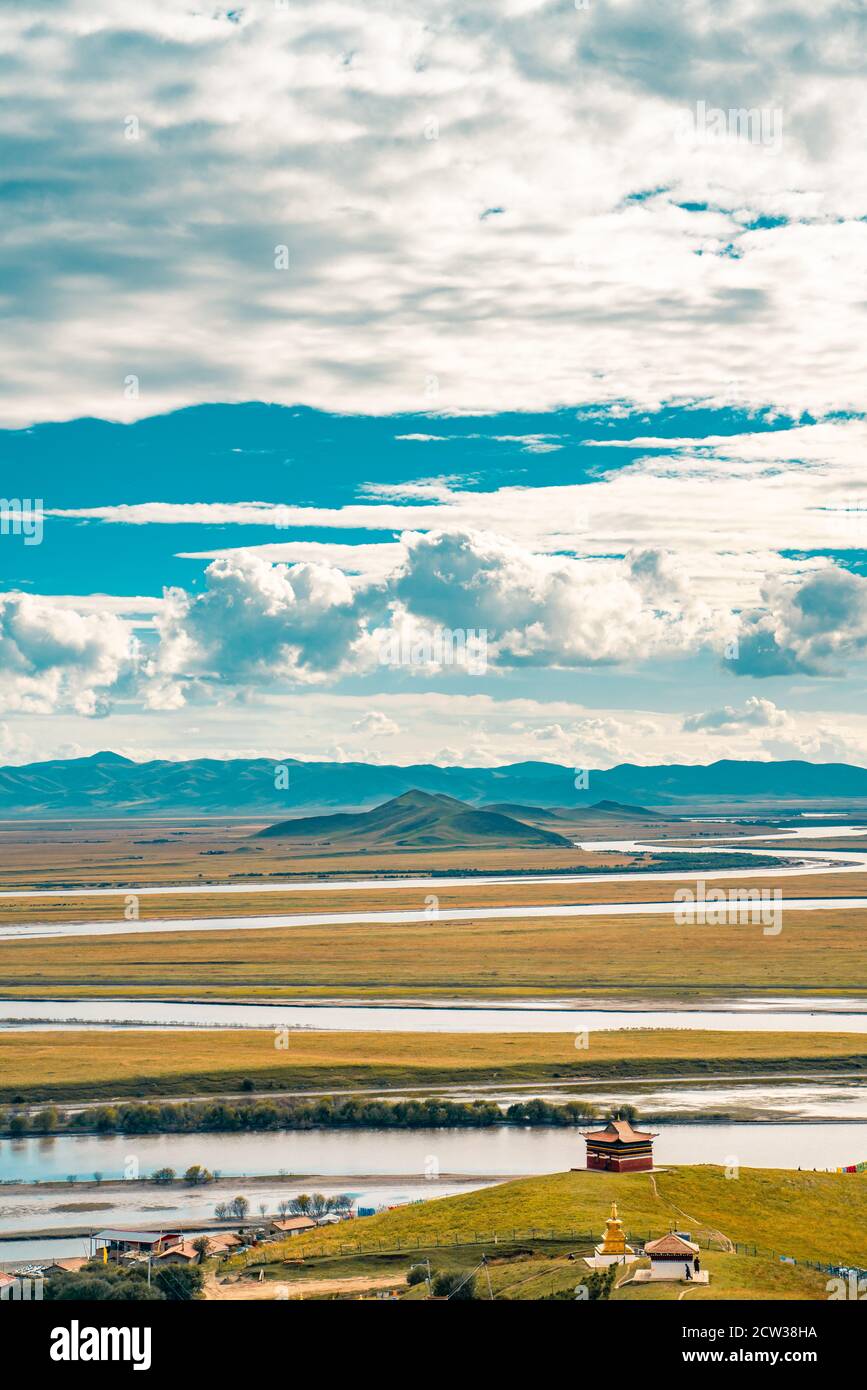 The yellow river winding up in Ruoergai Grassland, the north part of ...