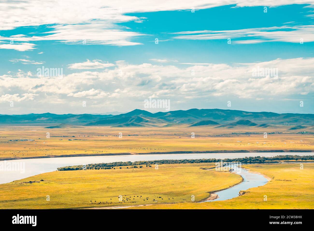 The yellow river winding up in Ruoergai Grassland, the north part of ...