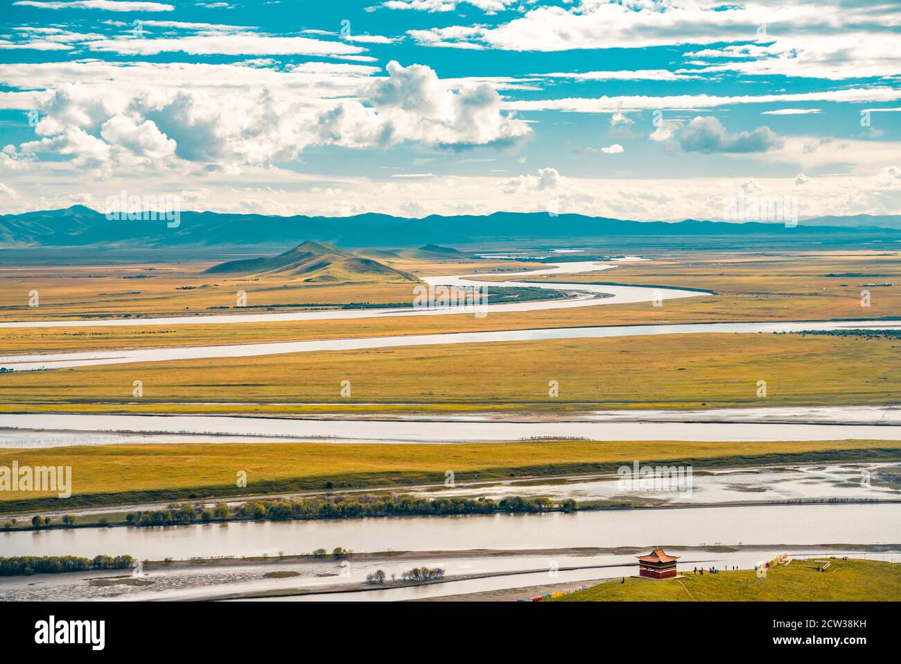 The yellow river winding up in Ruoergai Grassland, the north part of ...