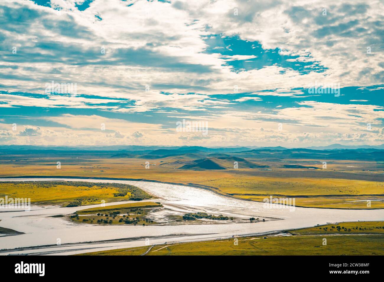 The yellow river winding up in Ruoergai Grassland, the north part of ...