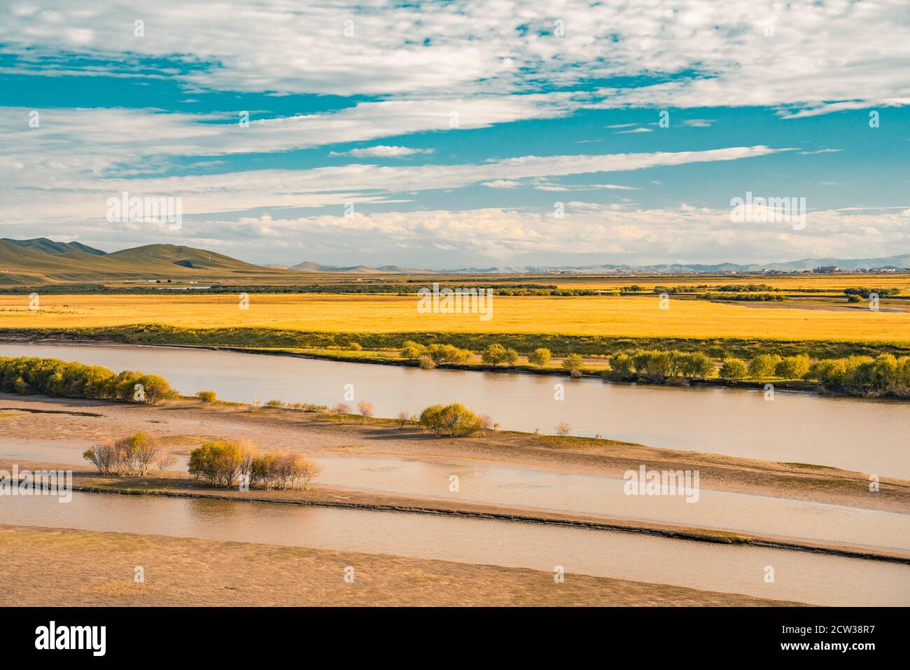 The yellow river winding up in Ruoergai Grassland, the north part of ...