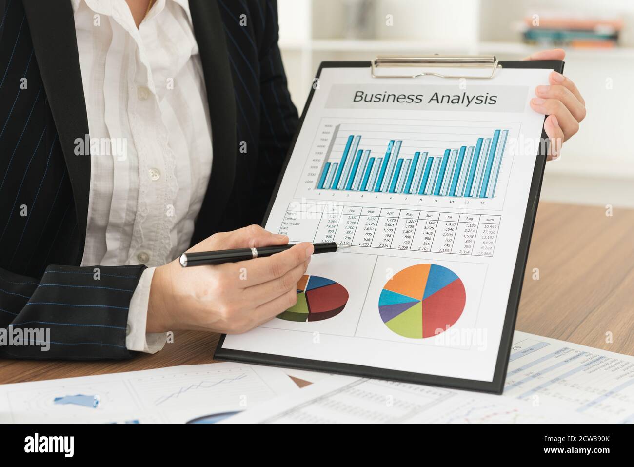 Business woman presenting the chart and graph showing the results of ...