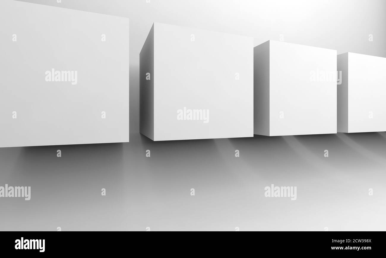 Abstract white cgi background with minimal installation of boxes in a ...