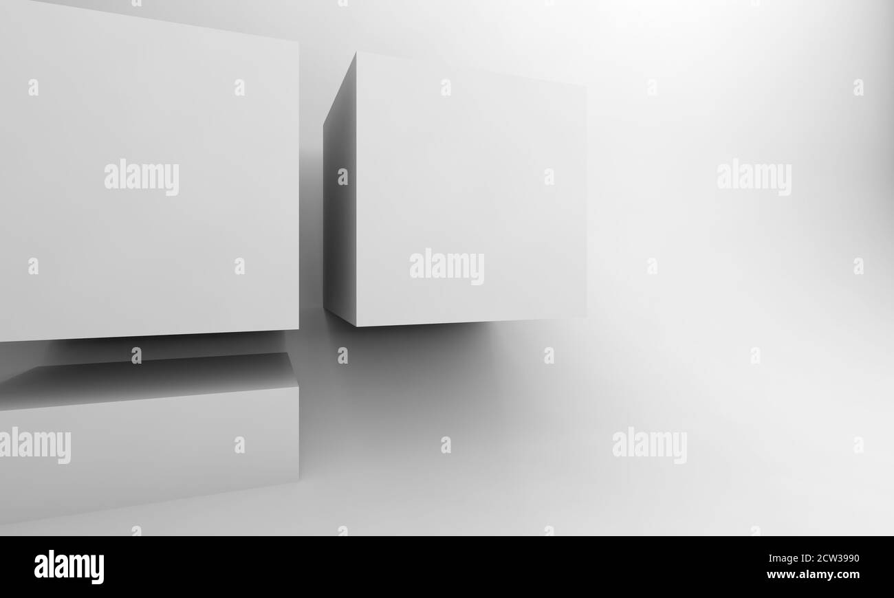 Abstract white cgi background with minimal installation of boxes in an ...