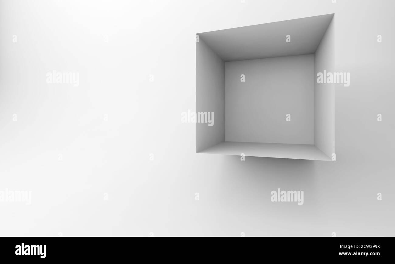 Abstract white cgi background with an empty cube installation. 3d ...
