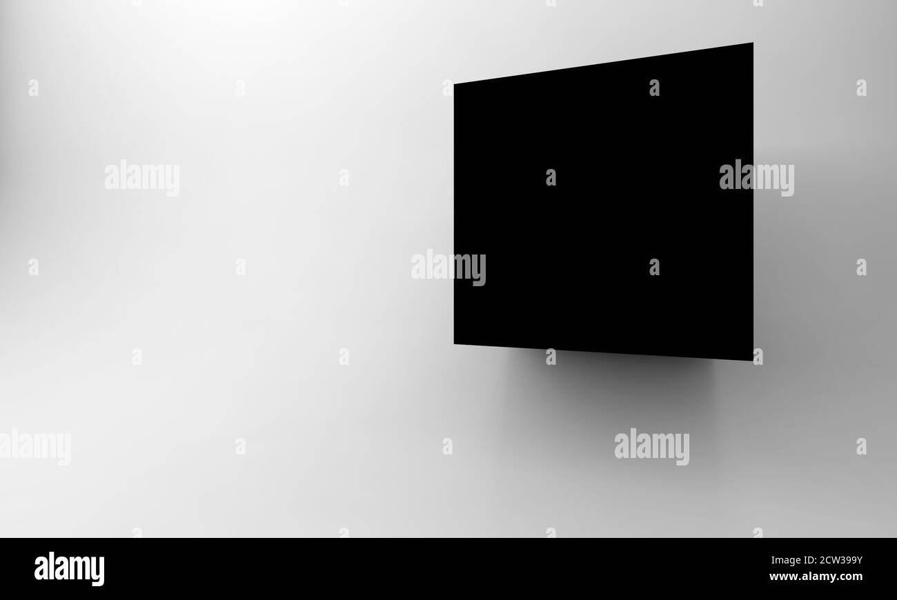 Abstract cgi background with black square screen on a white wall. 3d ...