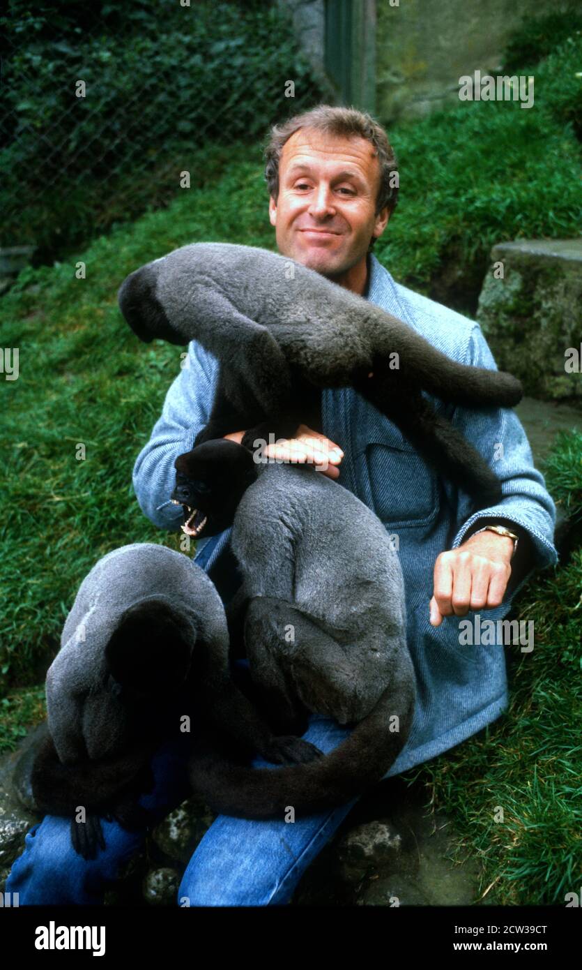 Journalist tv presenter Julian Pettifer with monkeys at the Leonard ...
