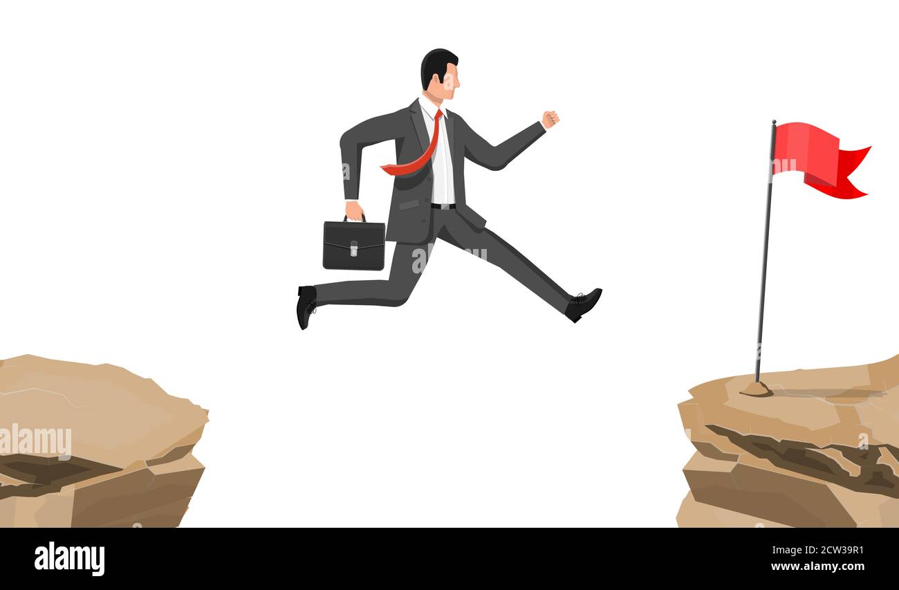 Businessman jumps to goal through abyss. Business man in suit with ...