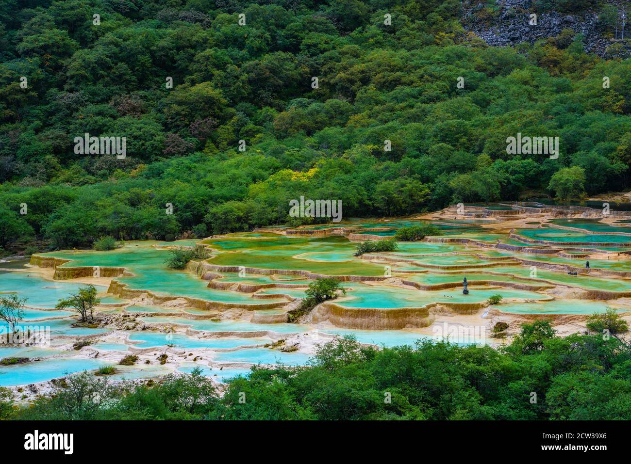 The turquoise color pools in Huanglong Valley, in Sichuan province ...