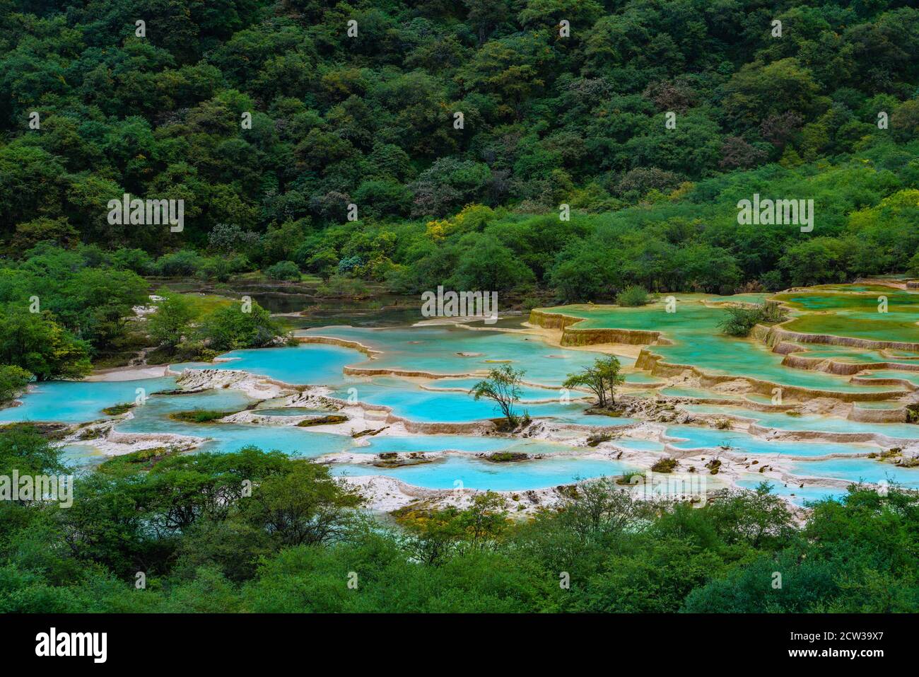 The turquoise color pools in Huanglong Valley, in Sichuan province ...