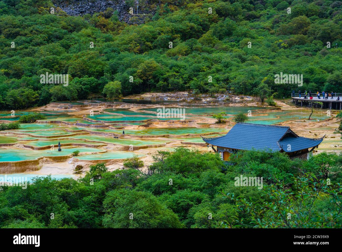 The turquoise color pools in Huanglong Valley, in Sichuan province ...