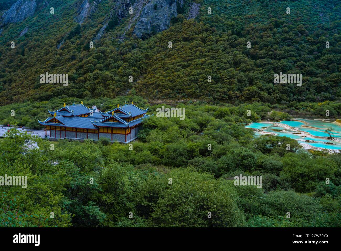 The turquoise color pools in Huanglong Valley, in Sichuan province ...