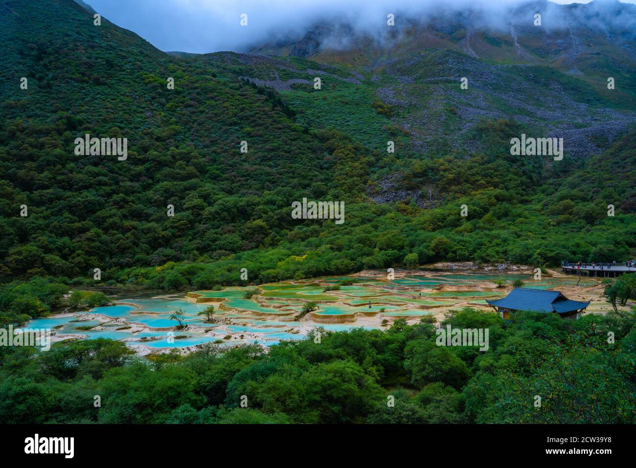 The turquoise color pools in Huanglong Valley, in Sichuan province ...