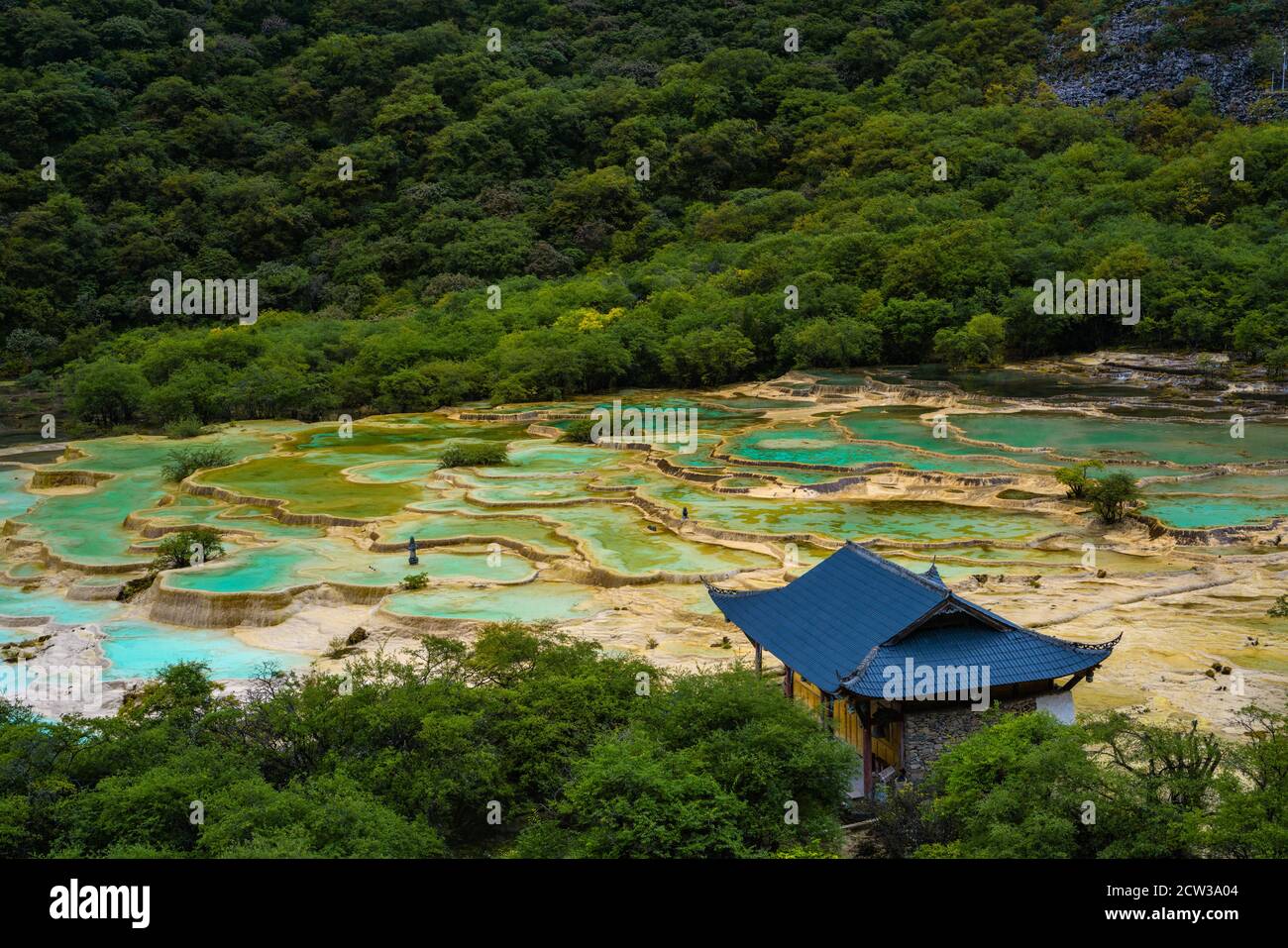 The turquoise color pools in Huanglong Valley, in Sichuan province ...