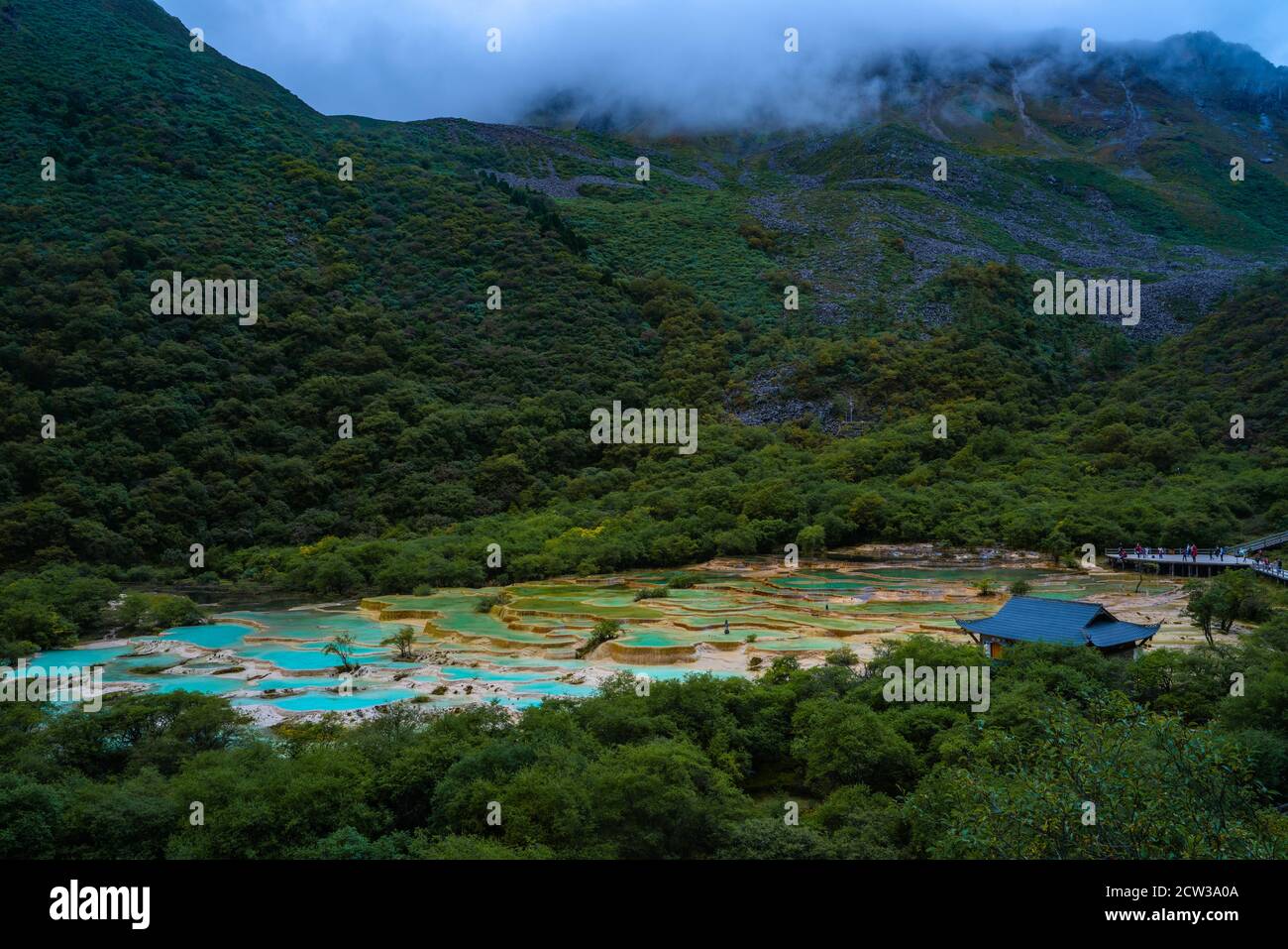 The turquoise color pools in Huanglong Valley, in Sichuan province ...